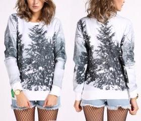 Women Long Sleeves Snow Forest Print Sweatshirt Sweater Jumper Hoodie ...