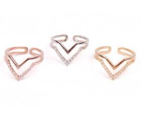 Double Chevron Cz Cuff Ring, Rhinestone V Ring Cuff Ring Stackable Ring Rose Gold Silver Gold ...