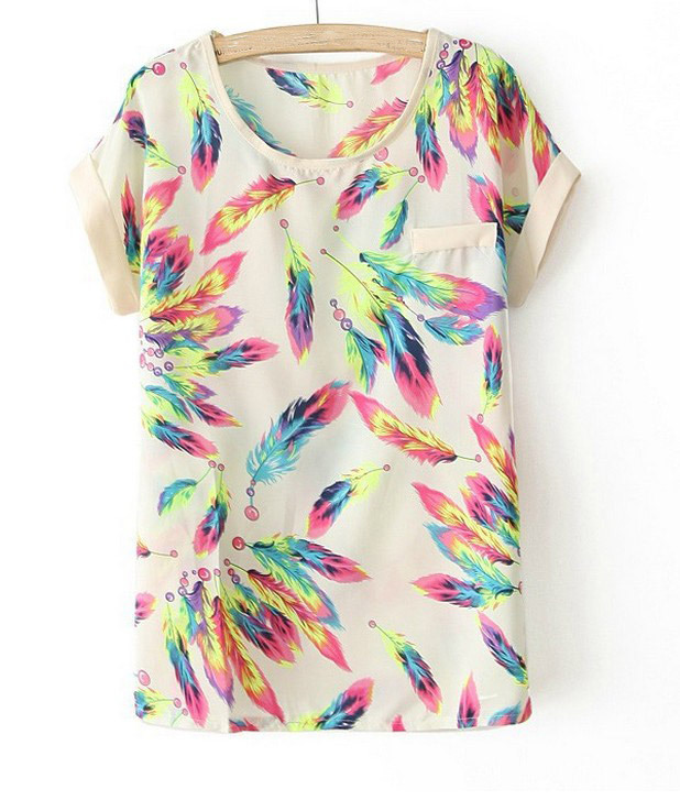 * Ship* Rainbow Feather Print Chiffon Blouse on Luulla