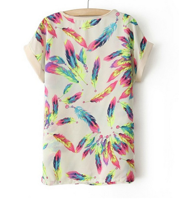 * Ship* Rainbow Feather Print Chiffon Blouse on Luulla