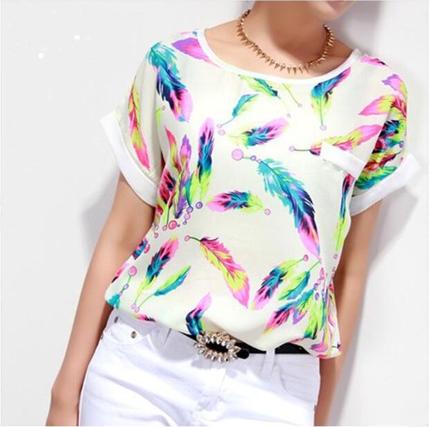 * Ship* Rainbow Feather Print Chiffon Blouse on Luulla