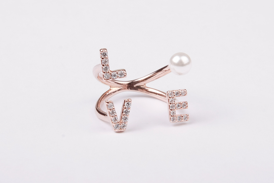 Love Open Ring Silver Or Rose Gold Pearl And Cubic Zirconia Adjustable ...
