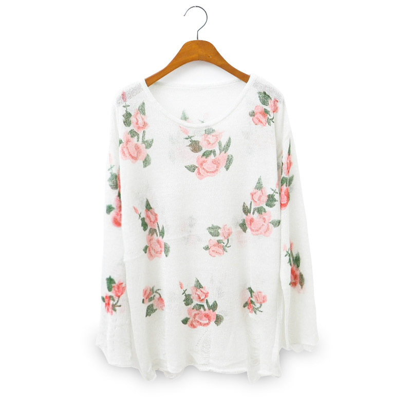 * Ship* Wild Roses Ripped Sweater - White - 1510806574 on Luulla