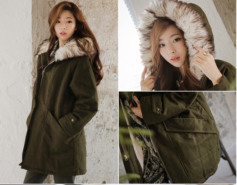 Made In Korea Khaki Long Parka Coat Safari Faux Fur Lining Hood
